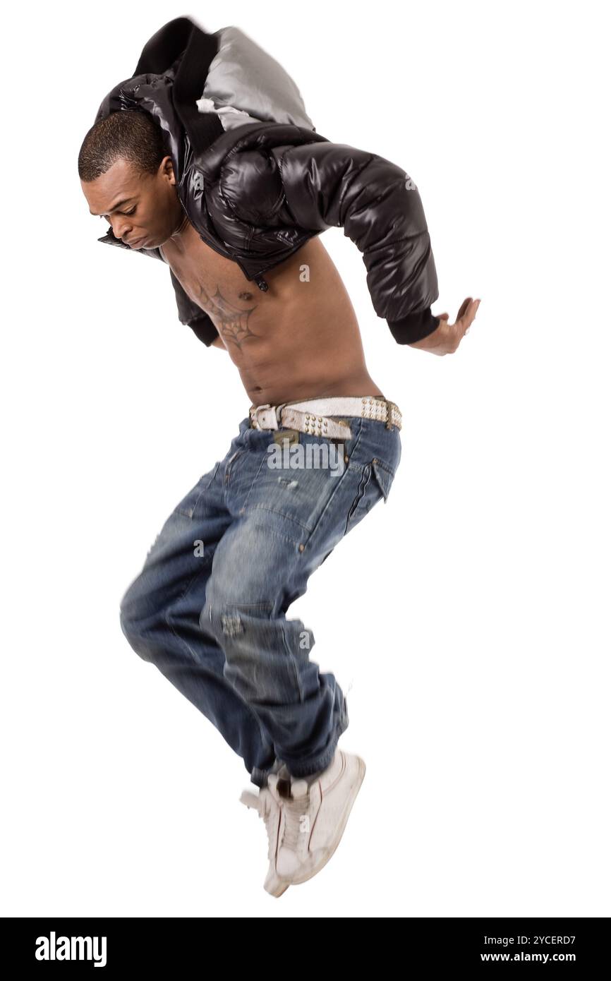 Dancer jumping high on isolated white background Stock Photo - Alamy