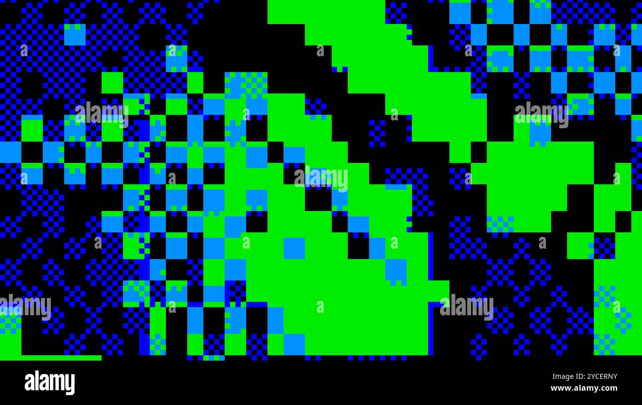 Abstract glitch art with pixelated green and blue patterns on black ...