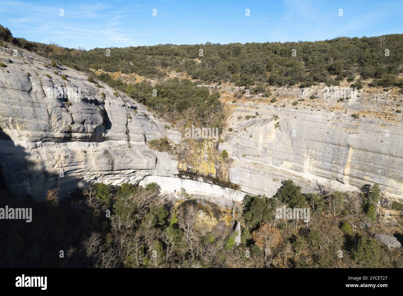 Aerial view of La Mea waterfall and canyon in Puentedey Burgos, Spain ...