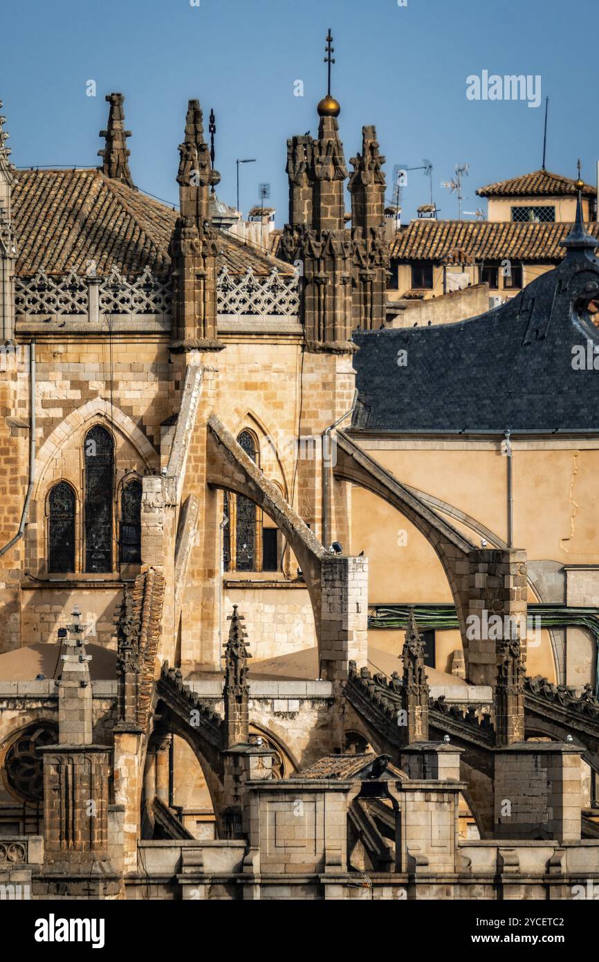 Telephoto lens view of the Cathedral of Toledo. Detail of archs in the ...