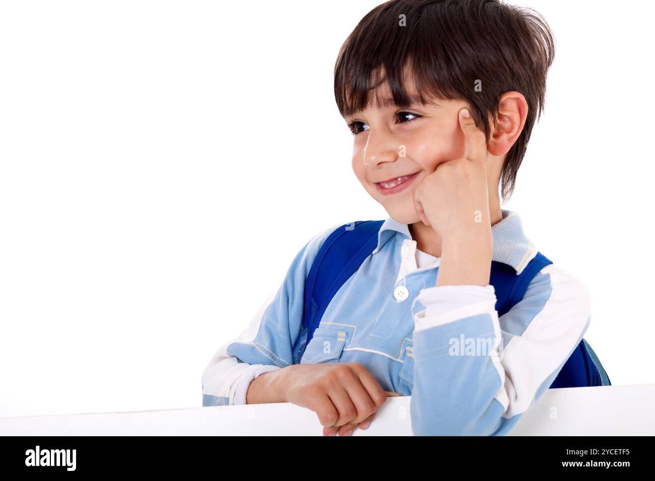 Cute kid thinking and looking sideways on isolated white background ...