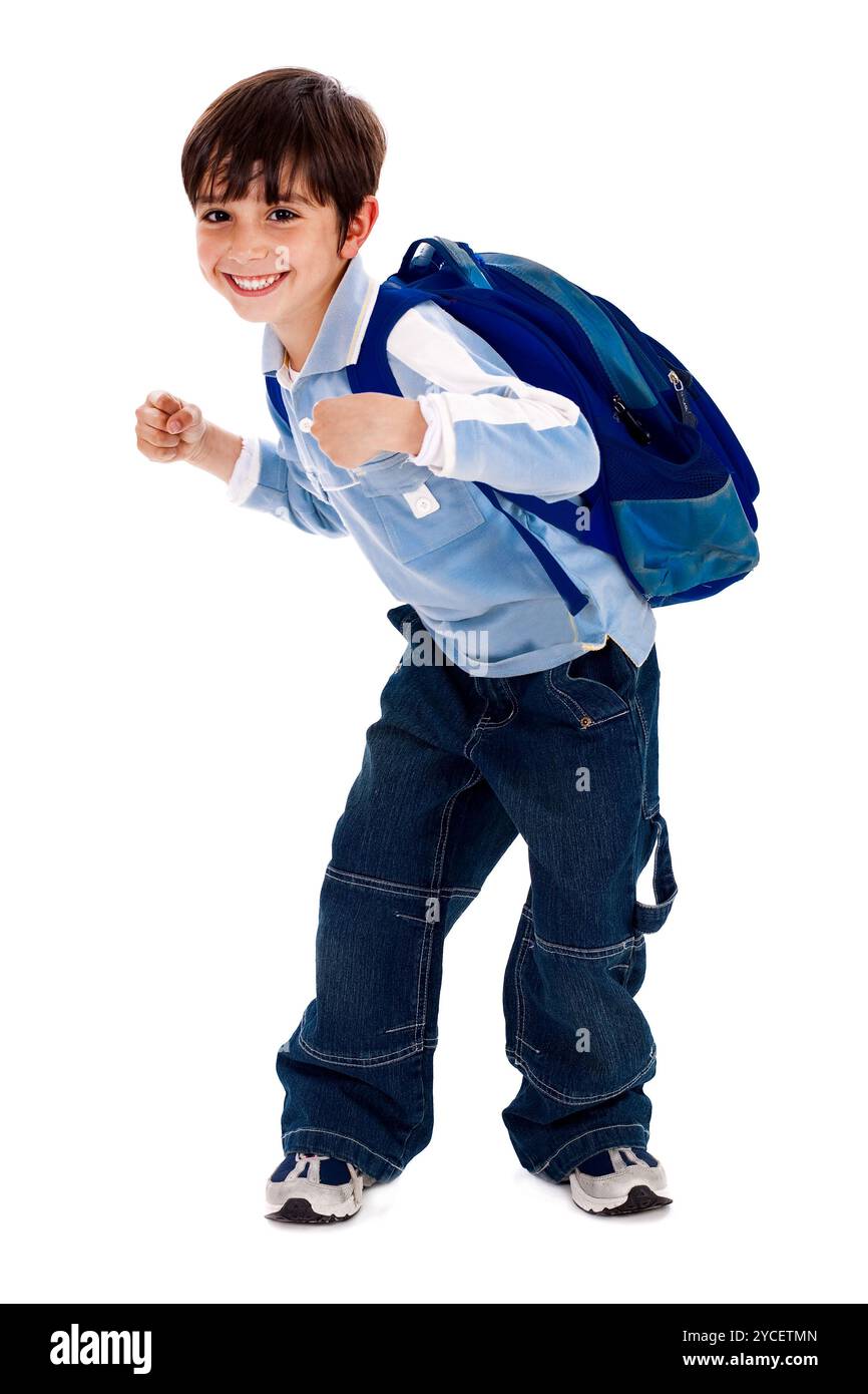Adorable young kid ready for school with his bag on isolated white ...
