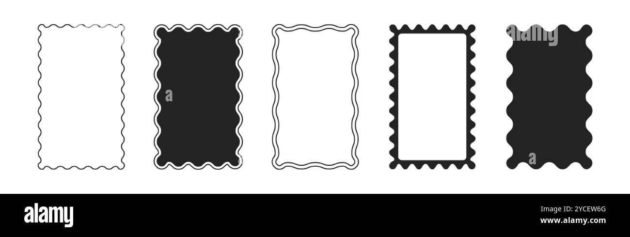 Vector set of black rectangular undulate frames with scallop edges. Squiggle photo borders with ...