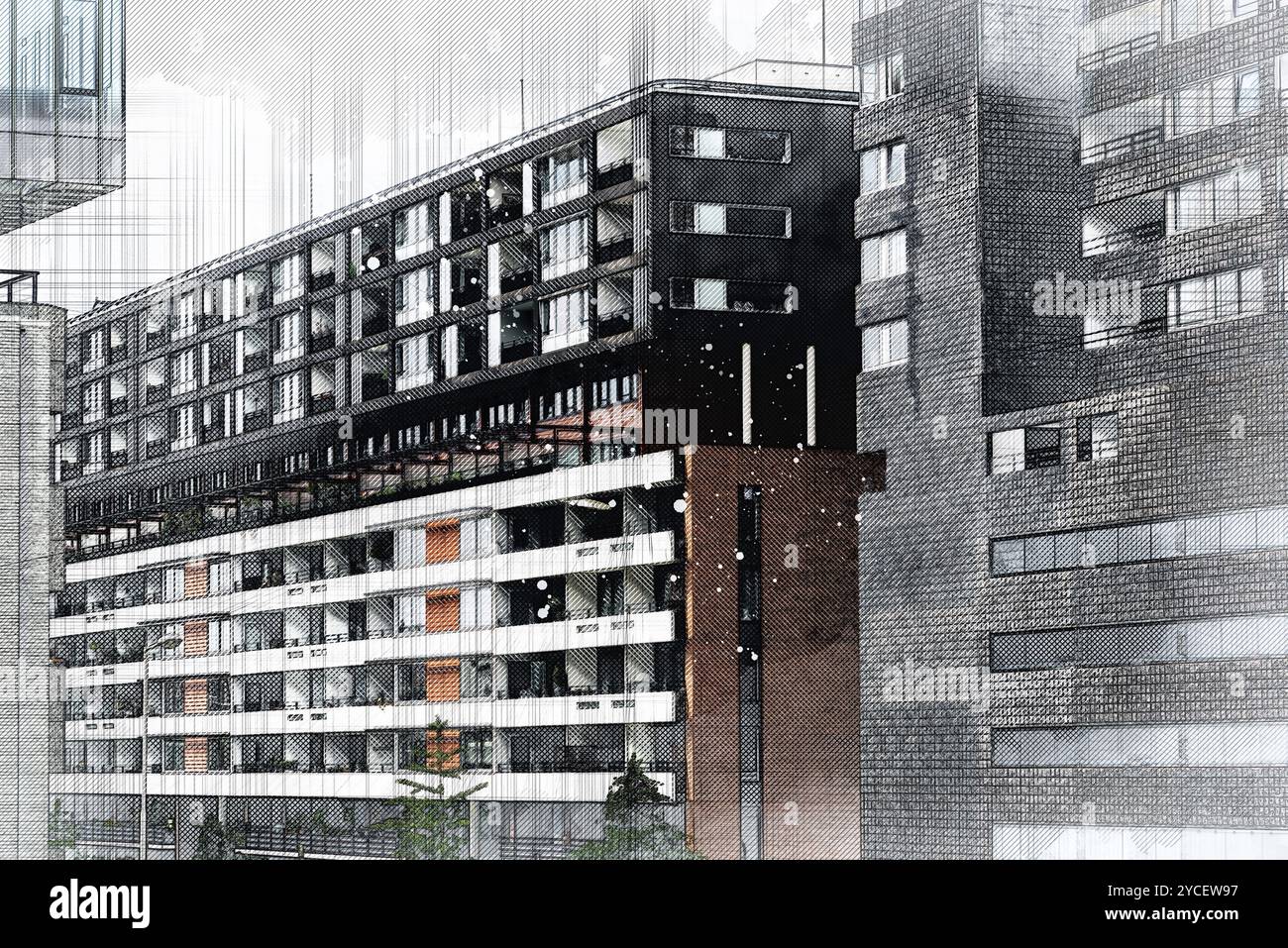 Architect drawing of modern apartment building. Watercolor and ink ...