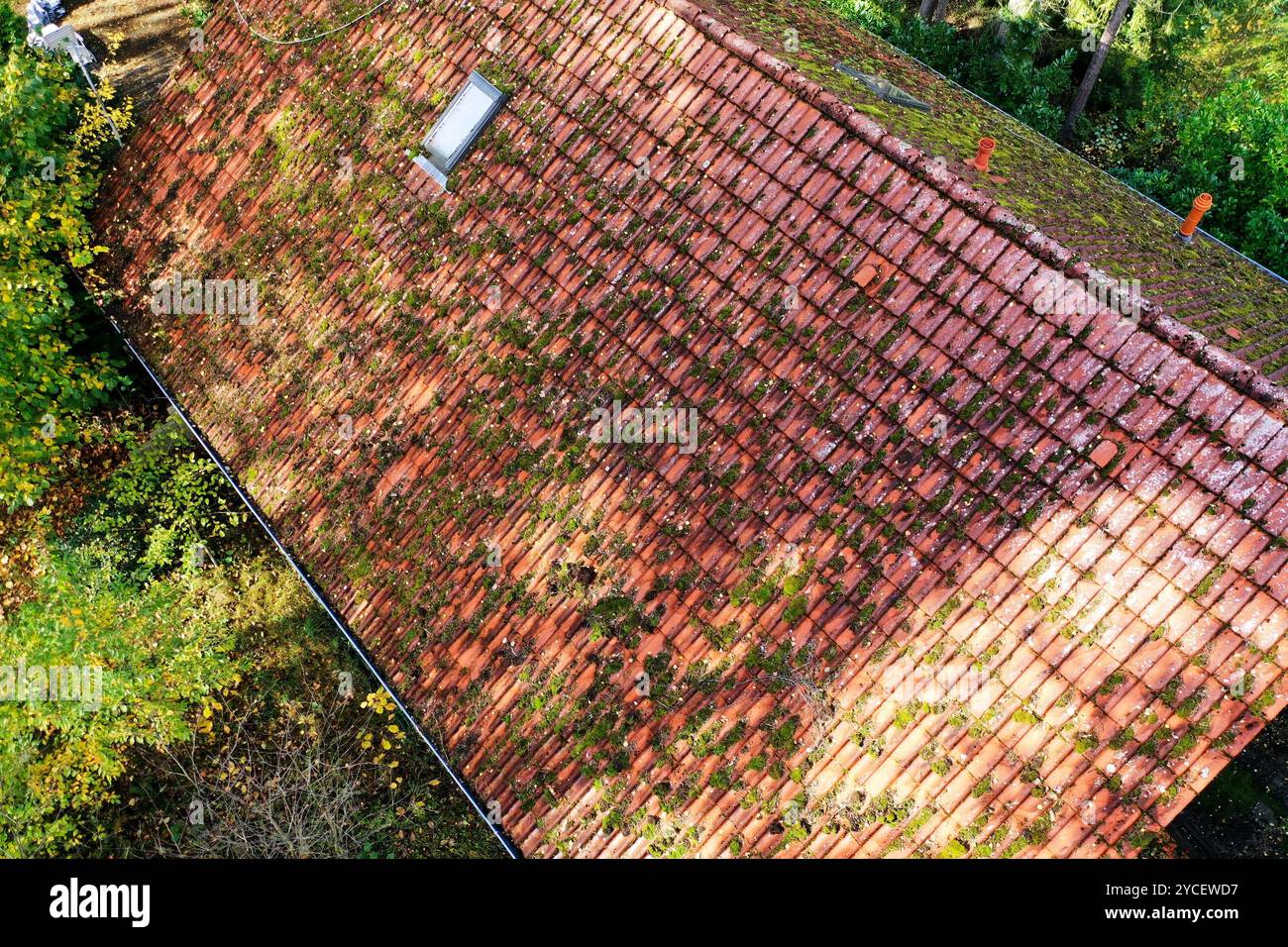 Drone captures an aerial view of a moss covered damaged roof ...