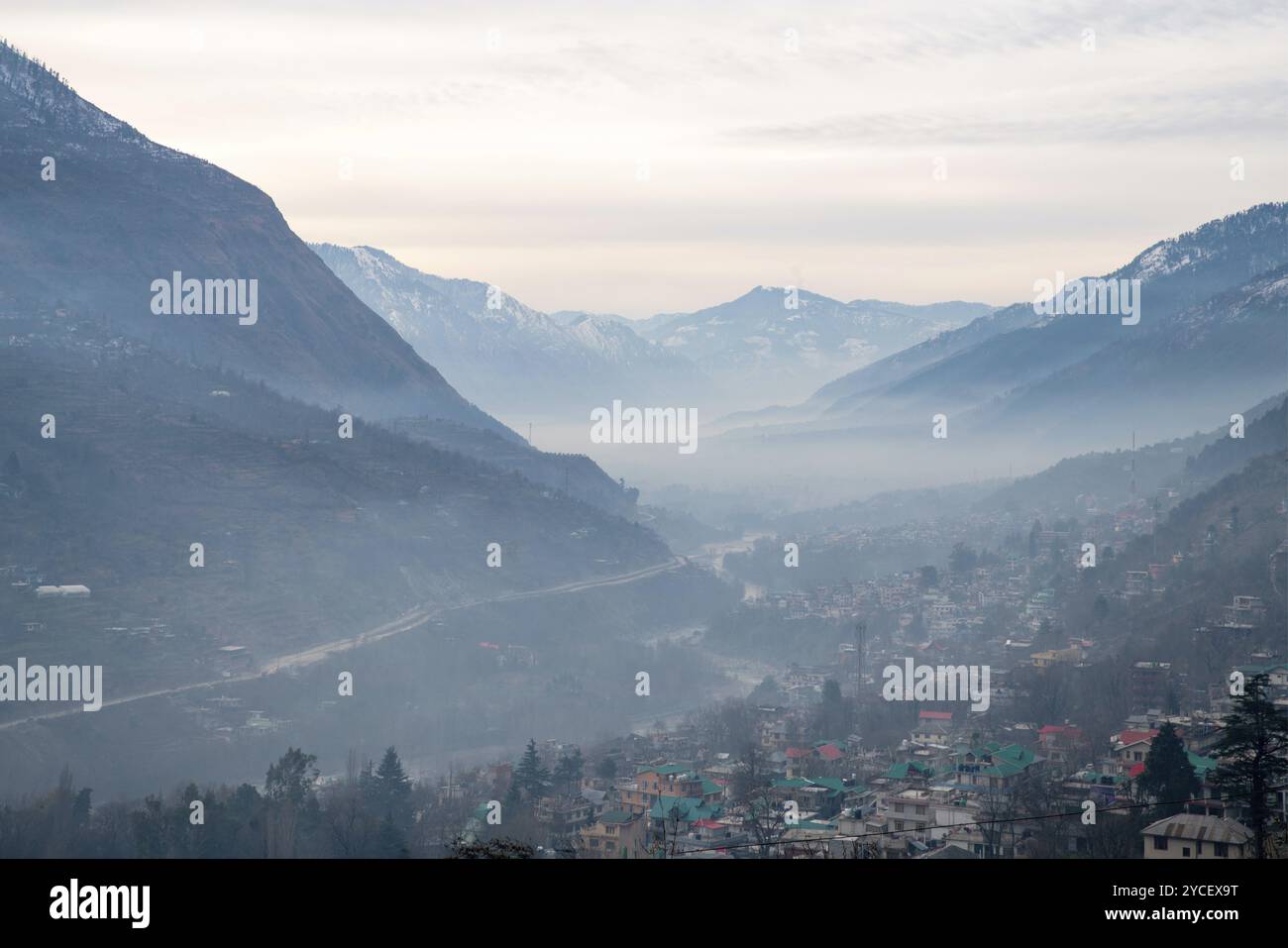 Aerial view on Valley of river Beas and town Kullu in foothi ...