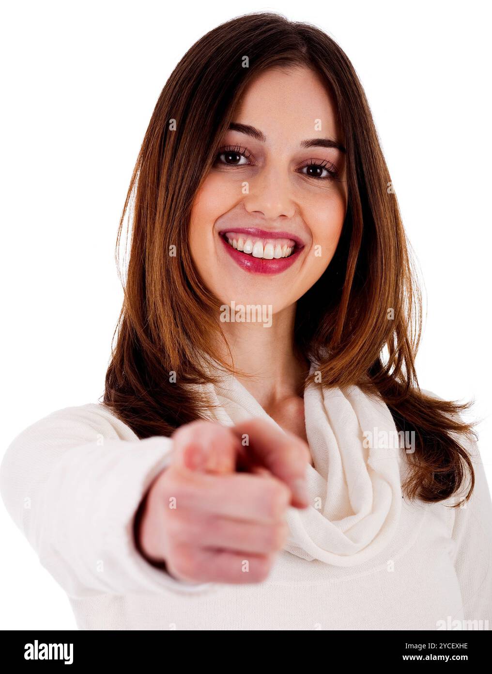 Portrait of young lady pointing finger at you on an isolated background ...
