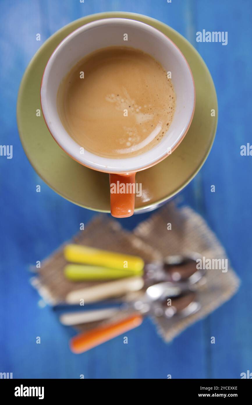 Presentation of the cup with hot coffee top view Stock Photo - Alamy
