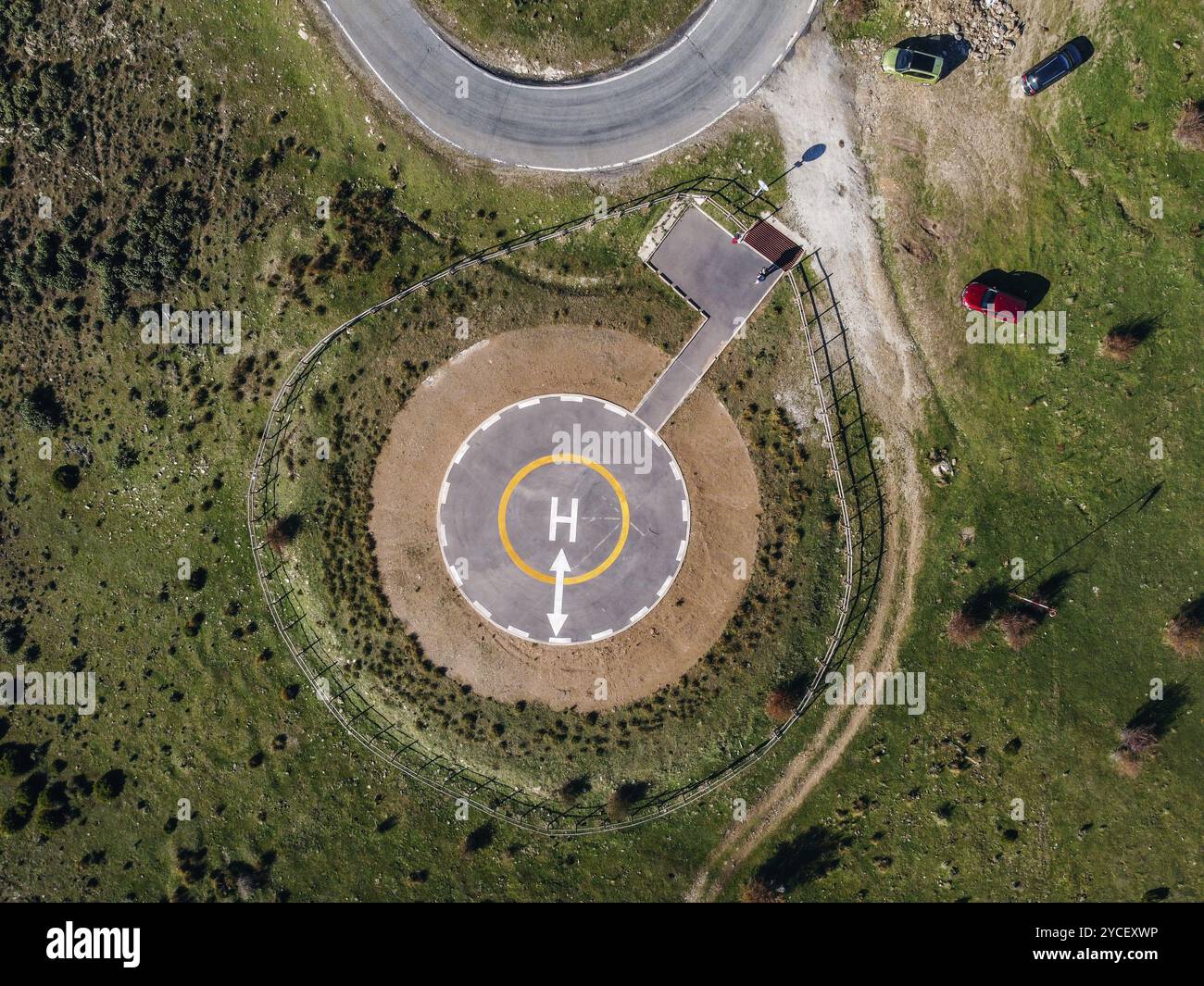 Aerial view of winding road. Splendid morning scene of asphalt roadway ...