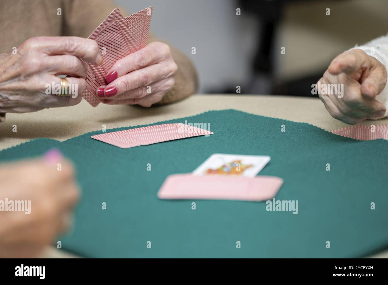 Active retirement, group of elderly women having fun playing cards game at nursing home. graphy ...