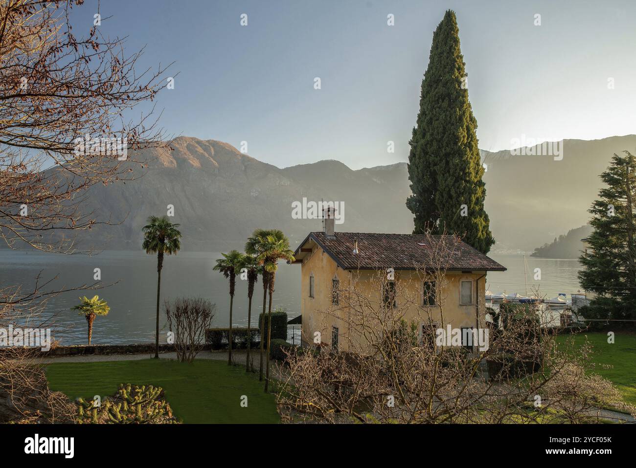 Amazing landscape on lake Como at winter: palm trees and some villa (at ...