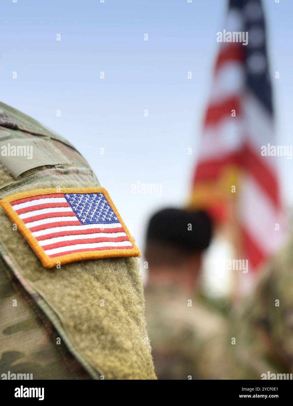 US soldiers. US army. USA patch flag on the US military uniform ...