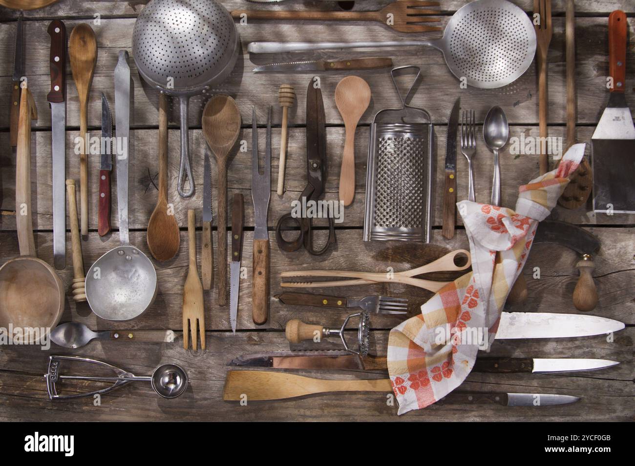 Old and various accessories for the preparation of food Stock Photo - Alamy