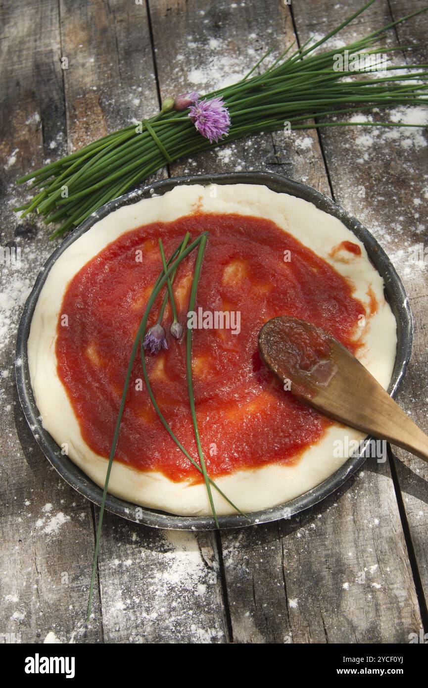 Preparing pizza made with tomato and chives Stock Photo - Alamy