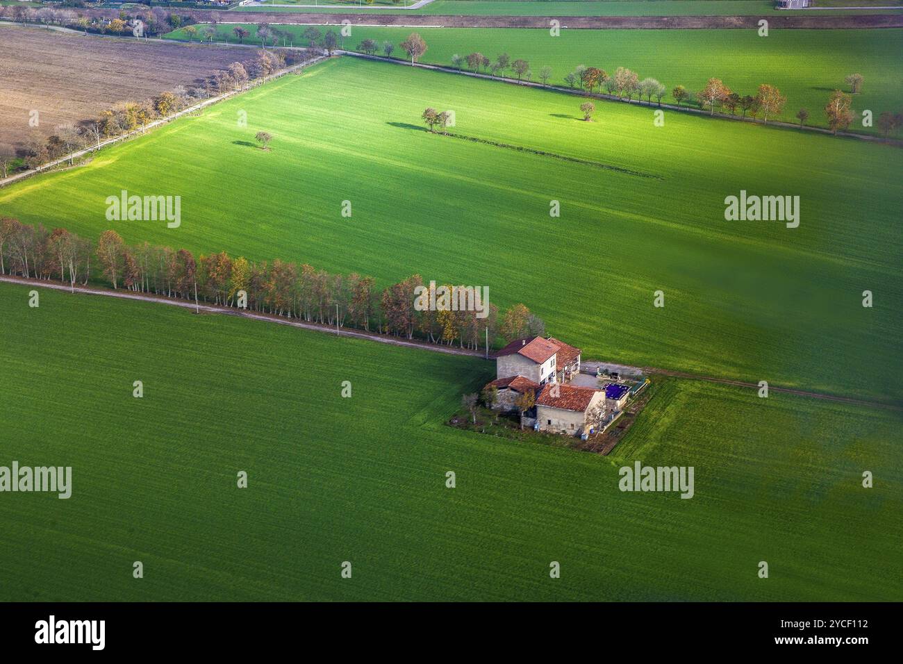 View on house and agricultural farm in Northern Italy, Several fields ...