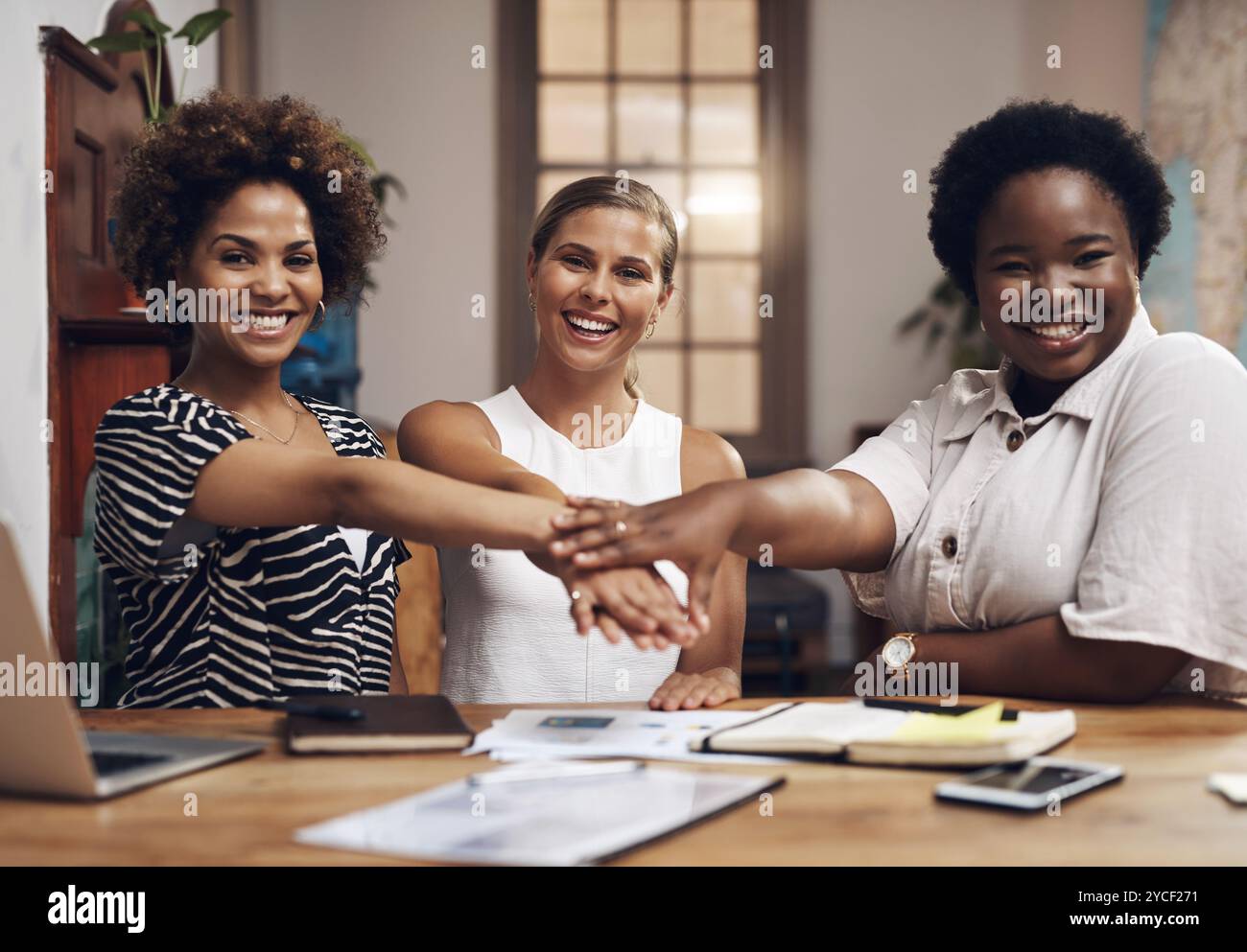 Employees, hand pile and portrait in office, support and proud of ...