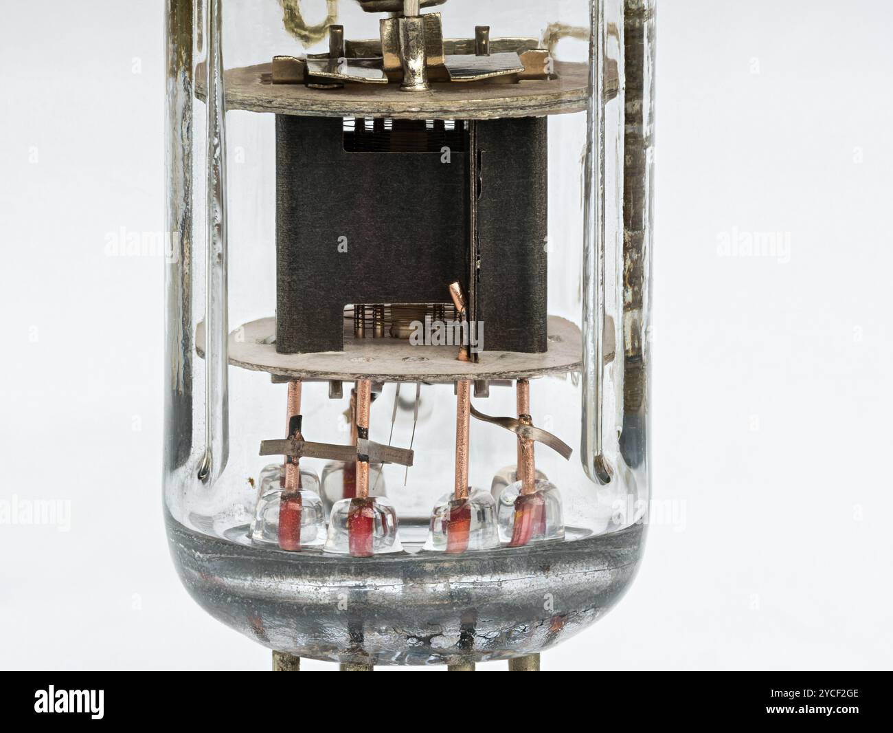 Macro photo of the internal parts of an old Soviet radio tube isolated ...