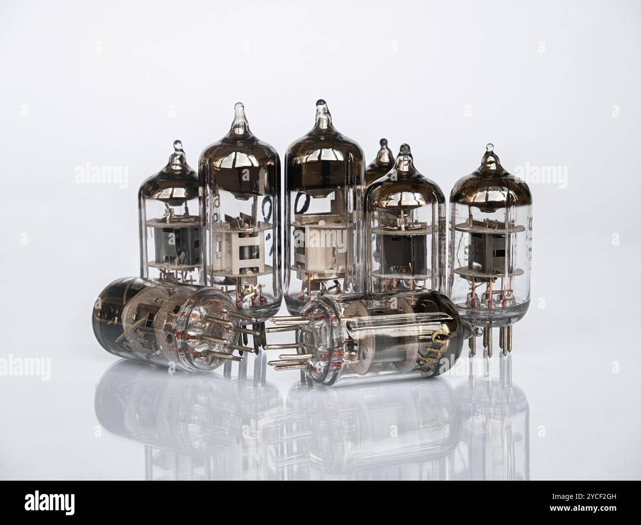 Old soviet radio tubes isolated on white background with reflection ...