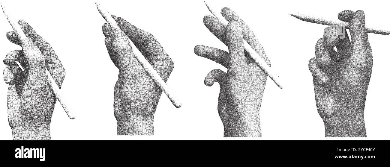 Set of retro photocopy hands with pencil. Vintage stipple effect ...