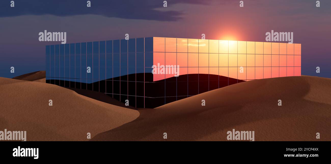3d render illustration A large building with a reflection of the sun on ...