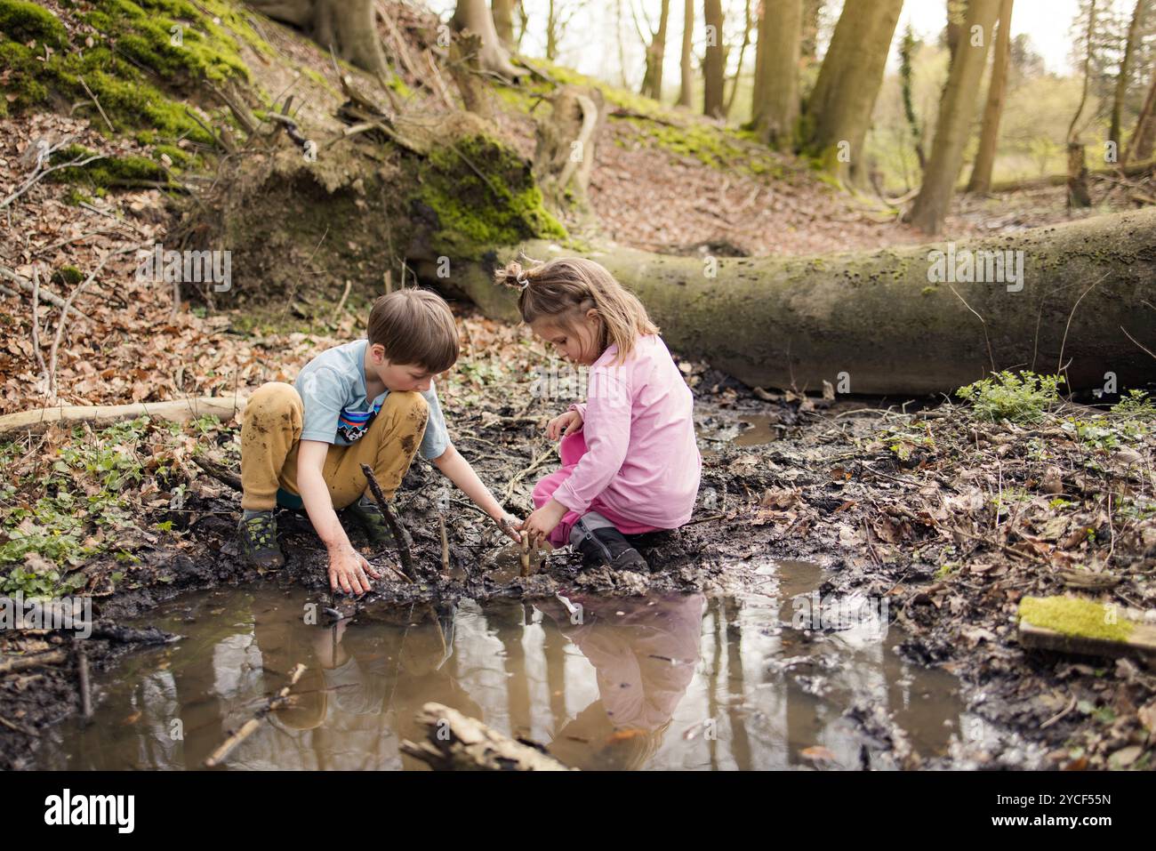 Children playing in a puddle in the forest Stock Photo - Alamy