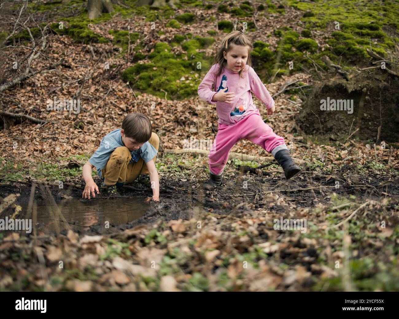 Children playing in a puddle in the forest Stock Photo - Alamy