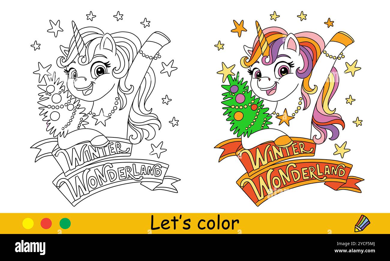 Kids coloring unicorn with Christmas tree and lettering Merry Christmas ...