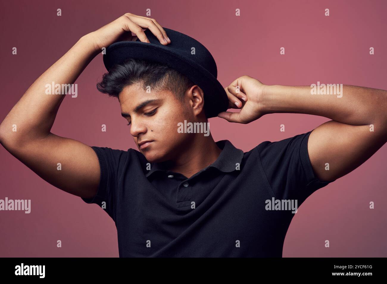 Man, hat or thinking at studio background with fashion, theater ...