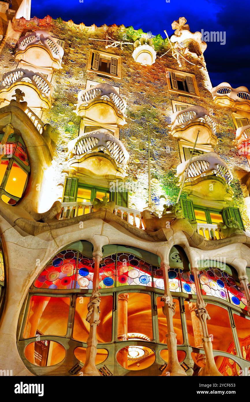 BARCELONA, SPAIN - SEPT 04, 2014: Night outdoor view Gaudi's creation ...