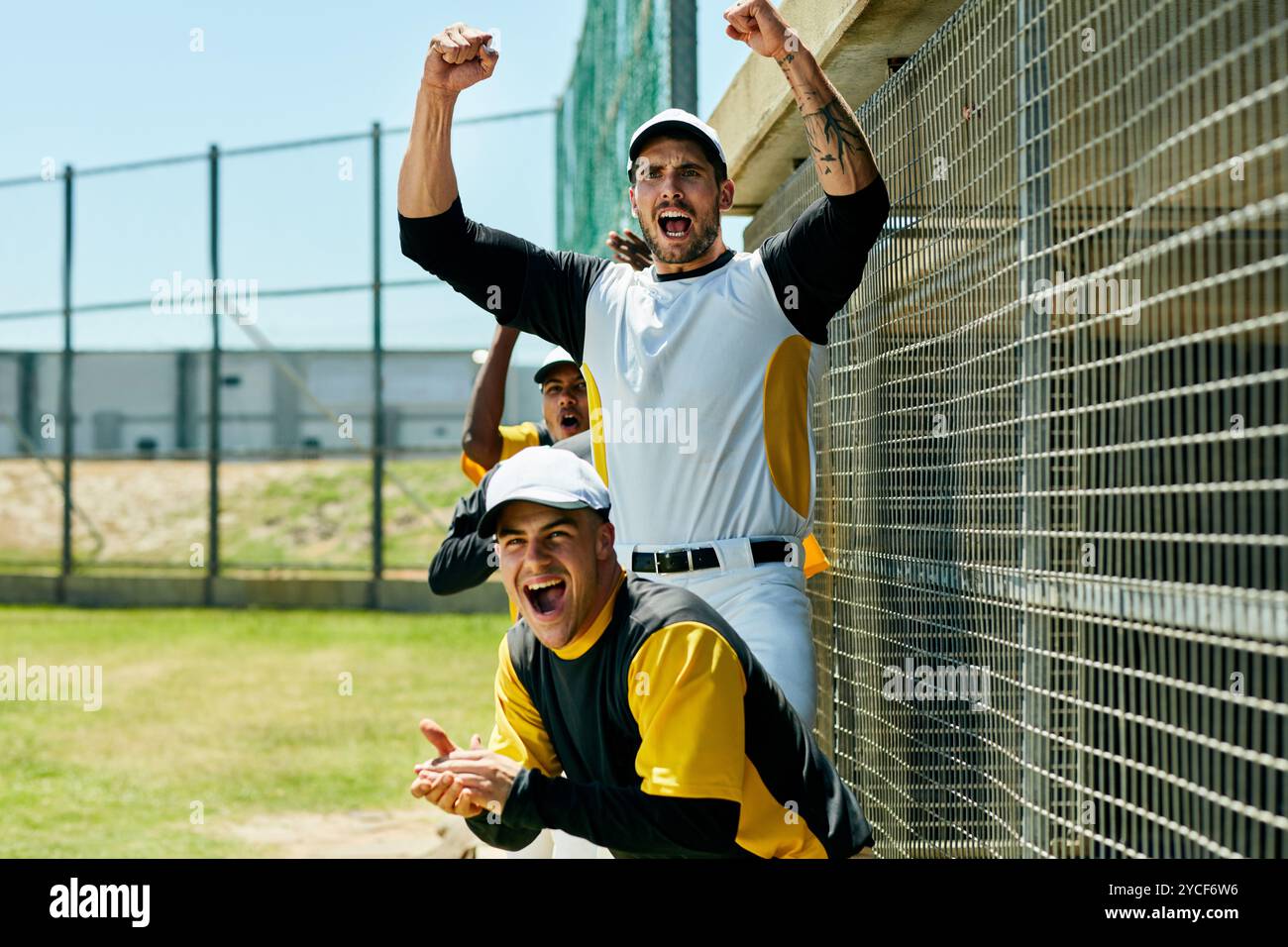 Celebration, sports and baseball team at game on field cheering for ...
