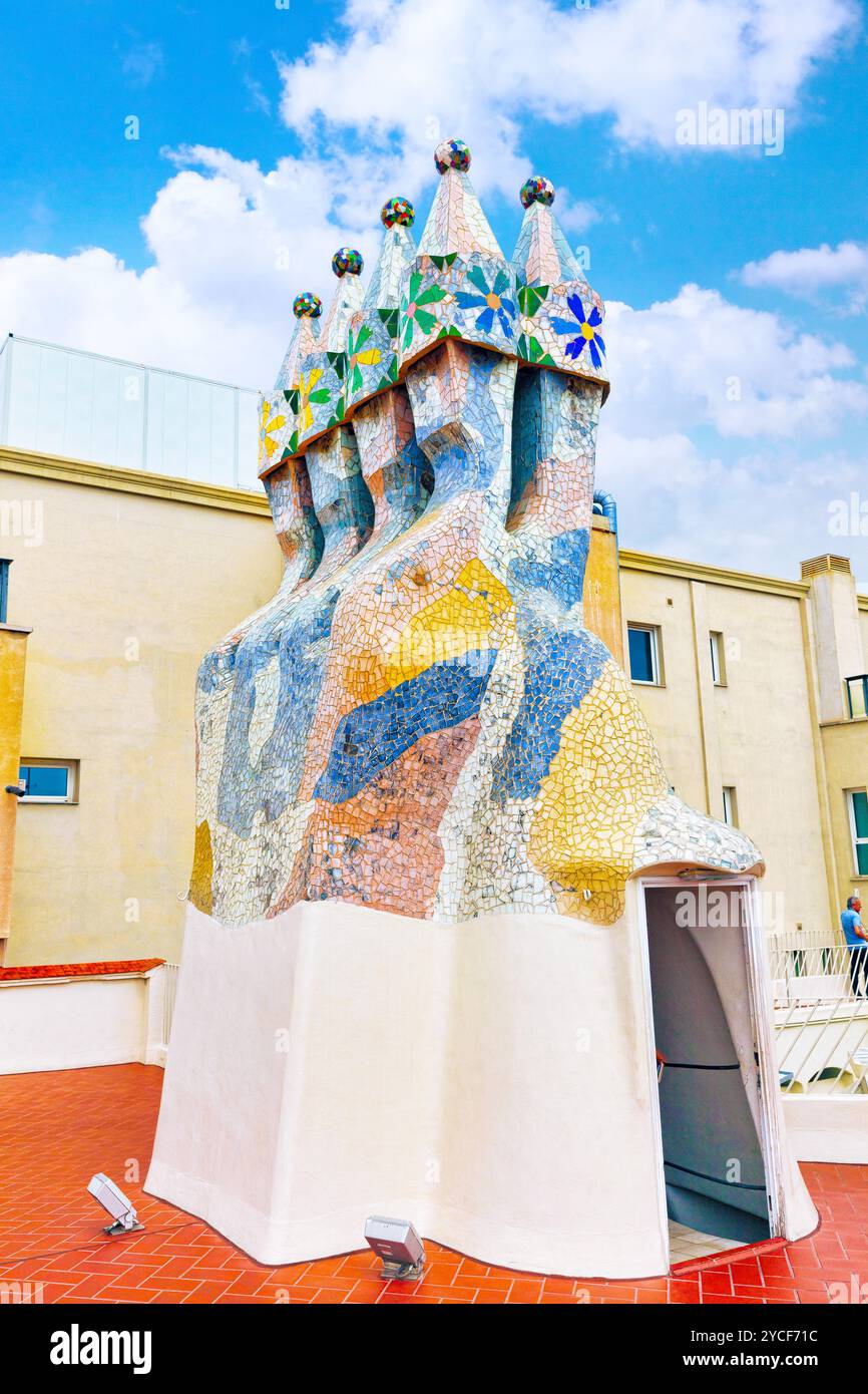 BARCELONA, SPAIN - SEPT 04, 2014: Roof, housetop Gaudi's creation-house ...