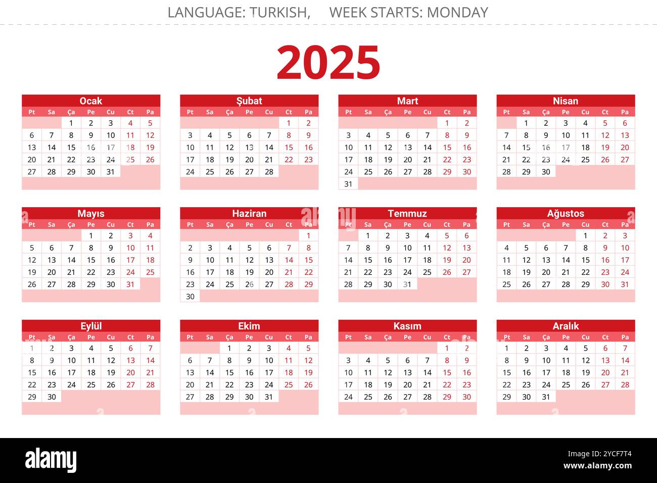 2025 year turkish calendar. Printable vector illustration for Turkey in ...