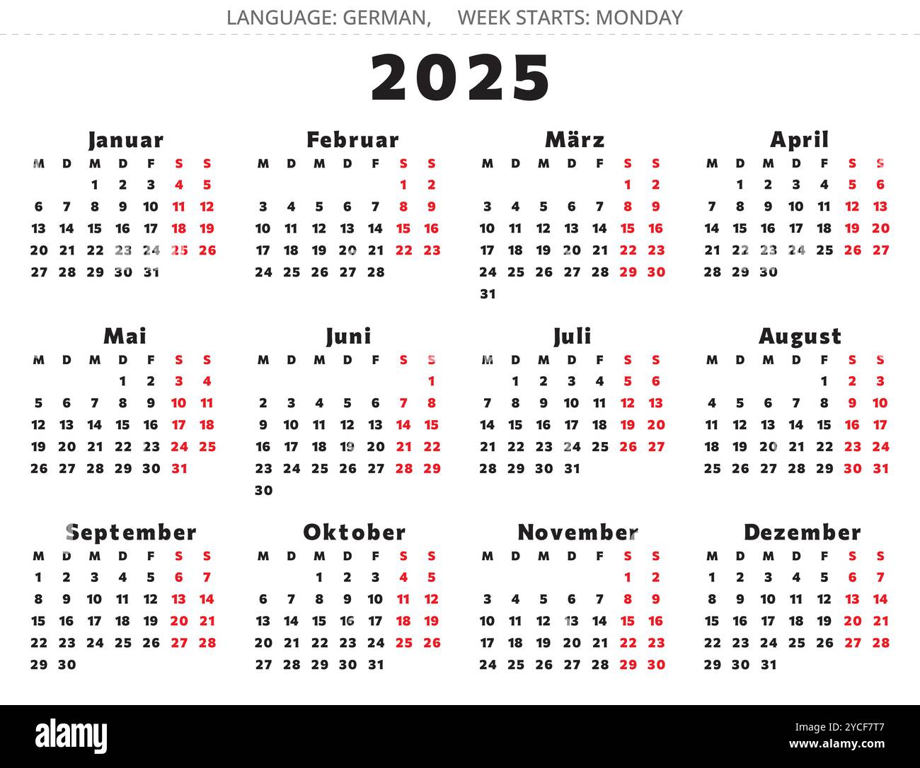 2025 year GERMAN calendar - deutsch kalender. Vector illustration for ...
