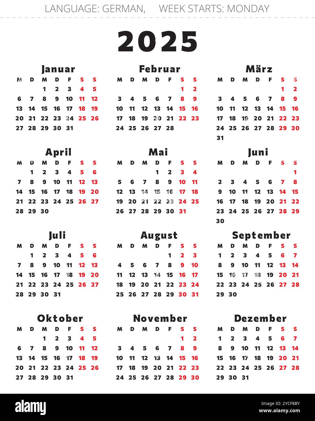 2025 year GERMAN calendar. Vector illustration for Germany in black and ...