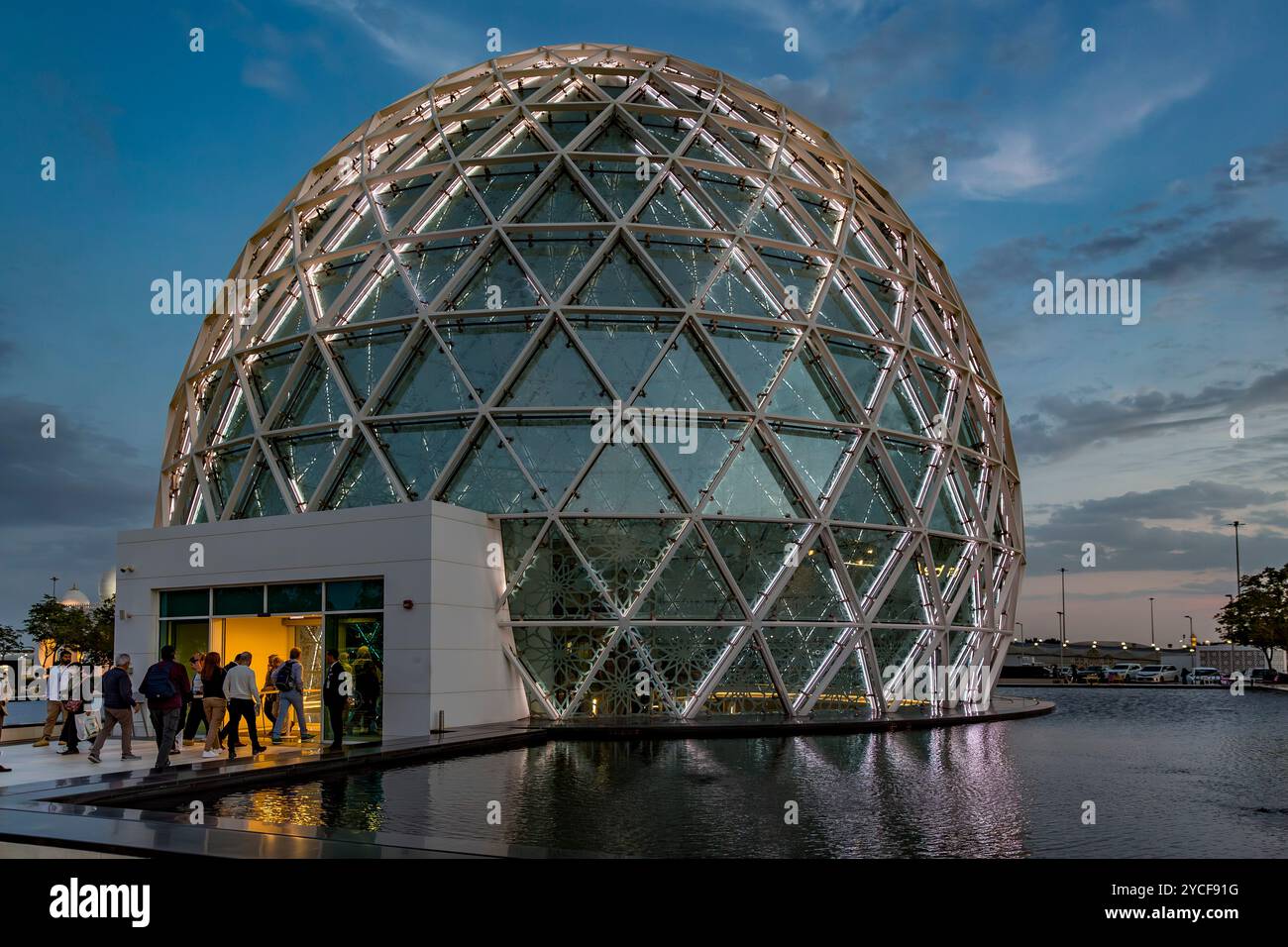 Glass dome, entrance building at dusk, Sheikh Zayed Mosque, Abu Dhabi ...