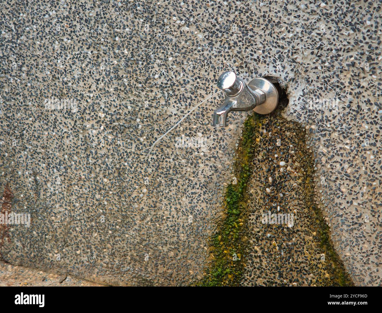 A small water faucet leaks onto a pebbled stone wall, creating moss and ...