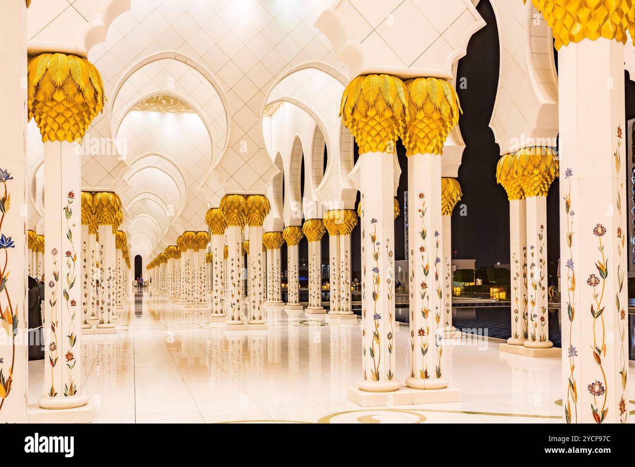Decorated columns, Colonnade, Sheikh Zayed Mosque, Evening lighting ...