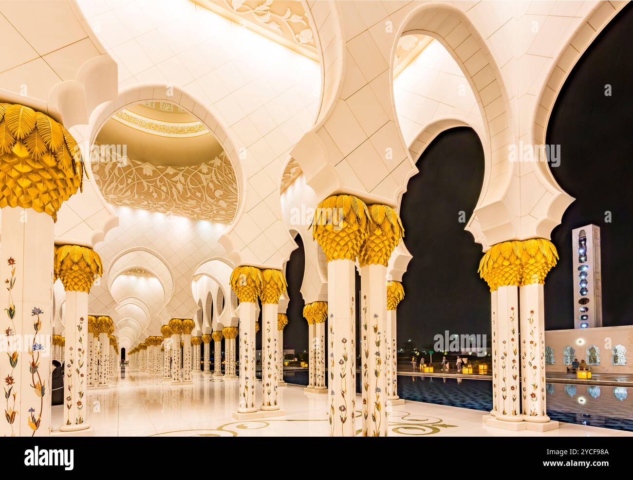 Decorated columns, Colonnade, Sheikh Zayed Mosque, Evening lighting ...