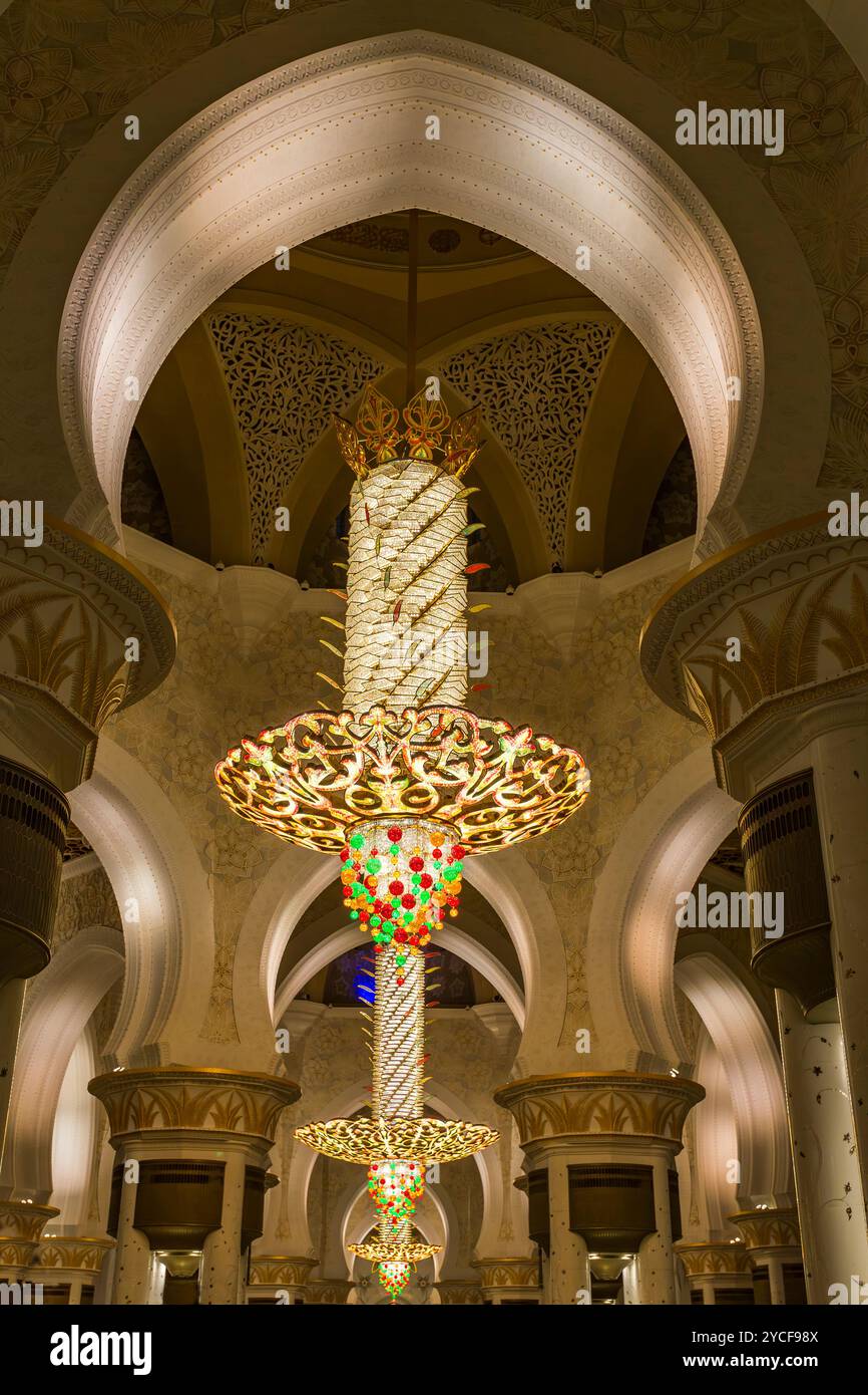 Prayer hall, Interior with chandelier, Evening lighting, Sheikh Zayed ...