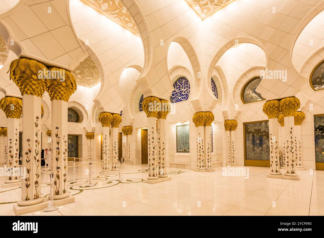 Decorated columns, Colonnade, Sheikh Zayed Mosque, Evening lighting ...