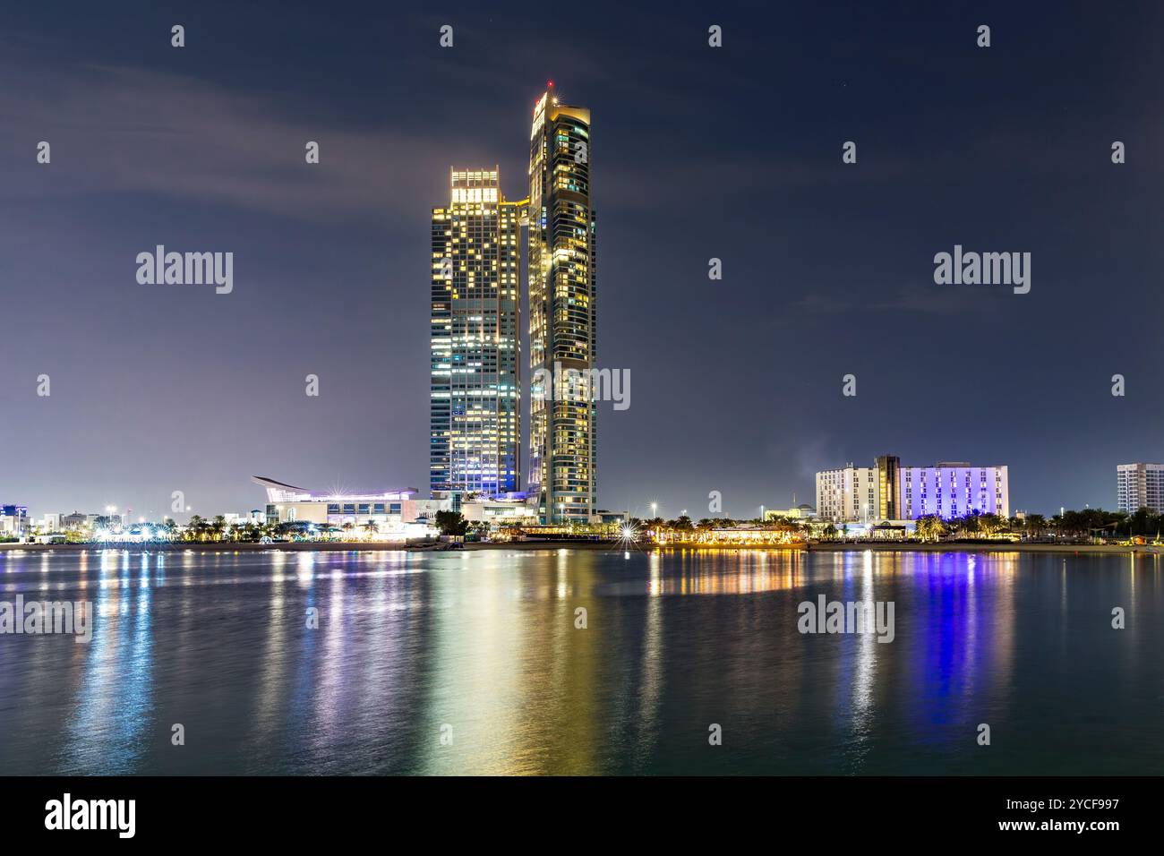 Nation Towers, residential complex and hotels, evening lighting, Abu ...