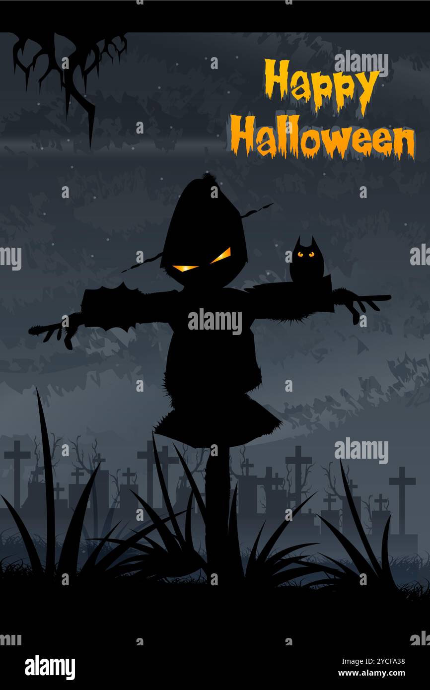illustration of halloween scarecrow standing at dark night Stock Photo ...
