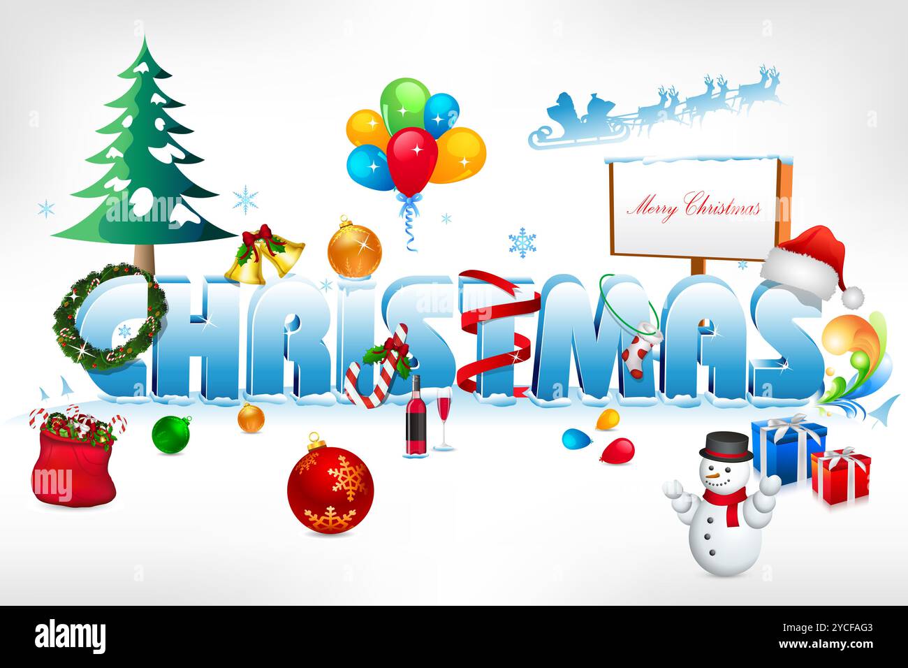 illustration of christmas text on snowy background with balloons and ...