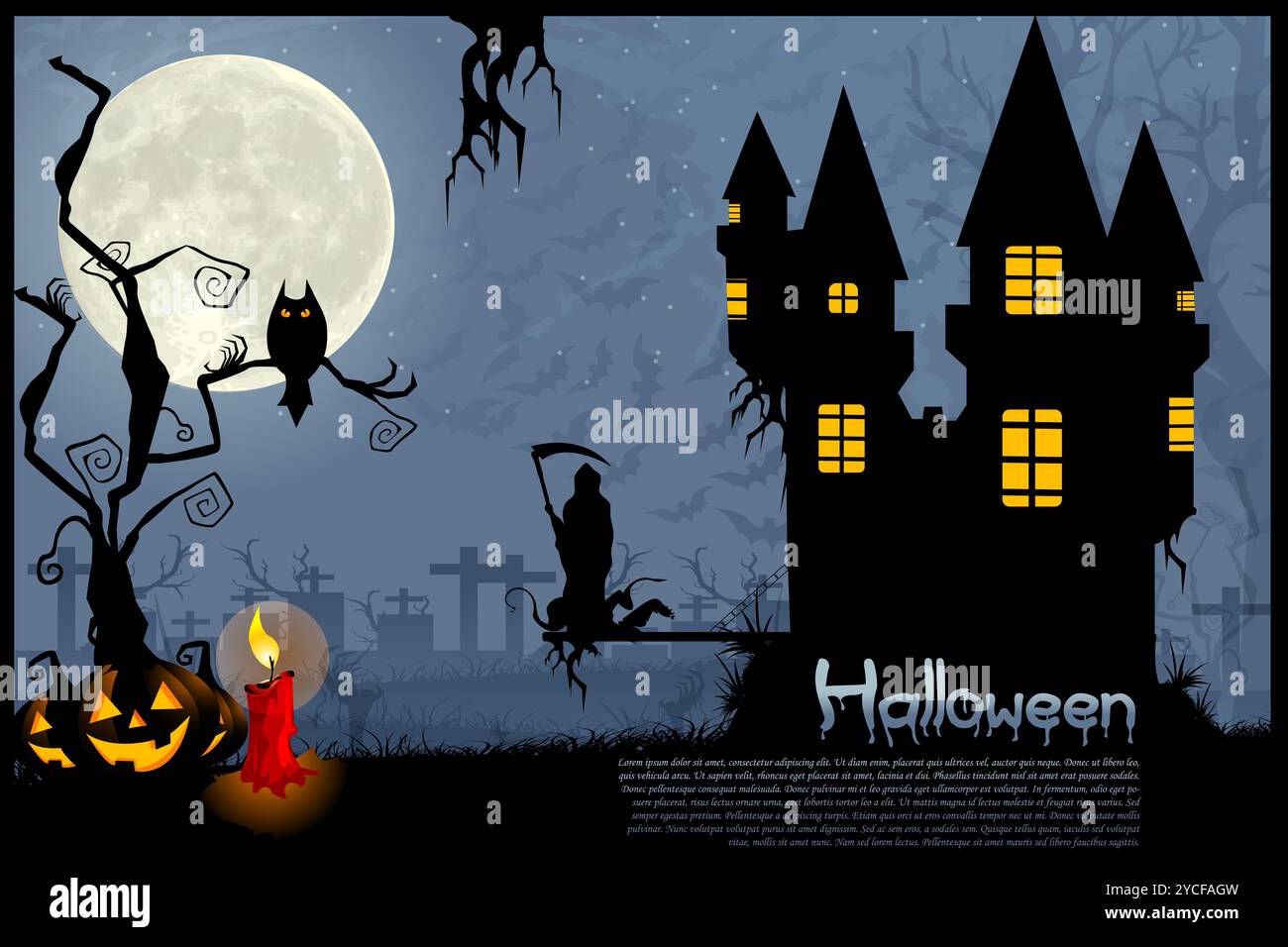 illustration of dark scary halloween night with haunted house and ...