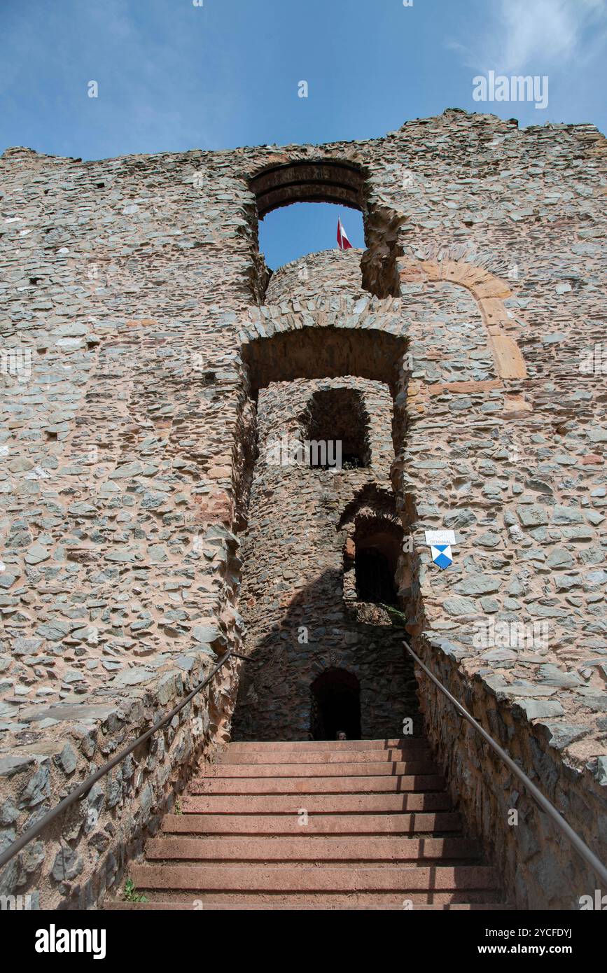 Ascent / stairs to the keep of the medieval castle complex in Saarburg ...