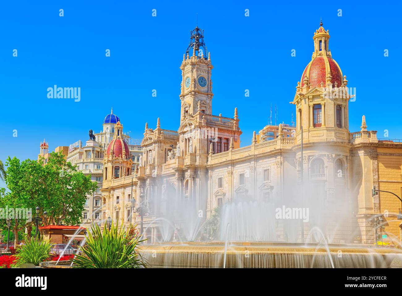 Fountain on Modernism Plaza of the City Hall of Valencia, Town hall ...