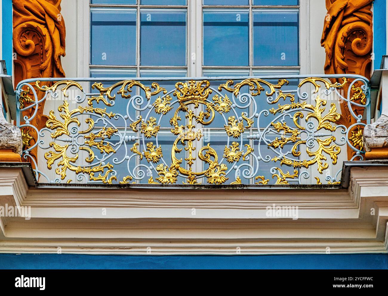 Russia, Saint Petersburg, Catherine Palace, facade, detail, window ...