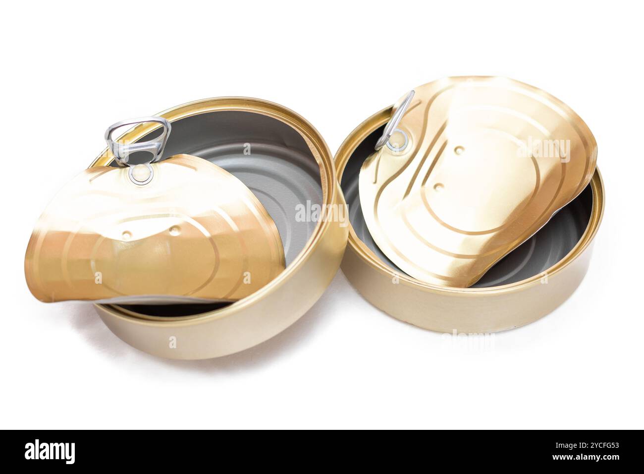 Two Opened Empty Tin Cans With Broken Cover Isolated on White ...