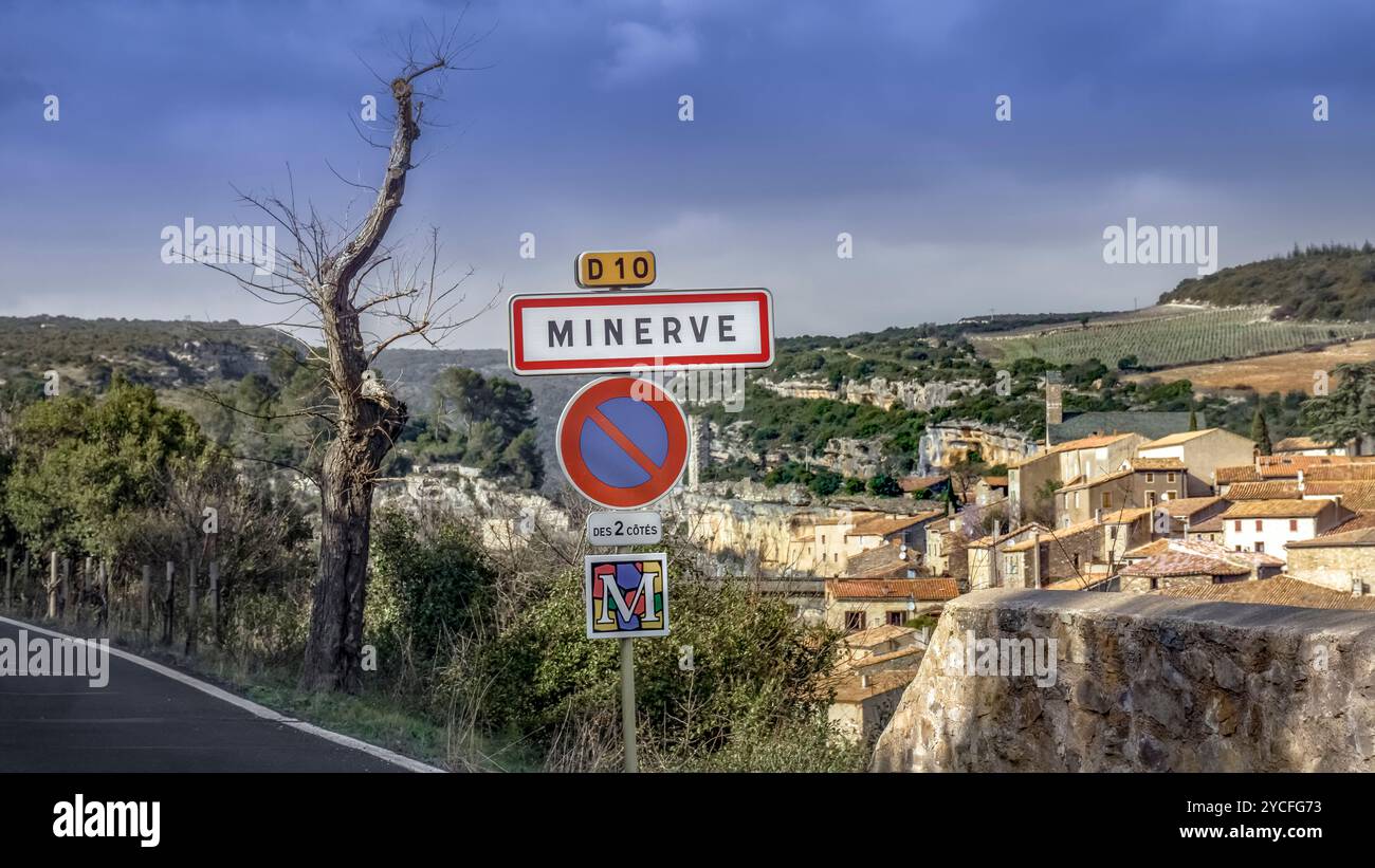Town sign of Minerve. The medieval village was built on a rock and is ...