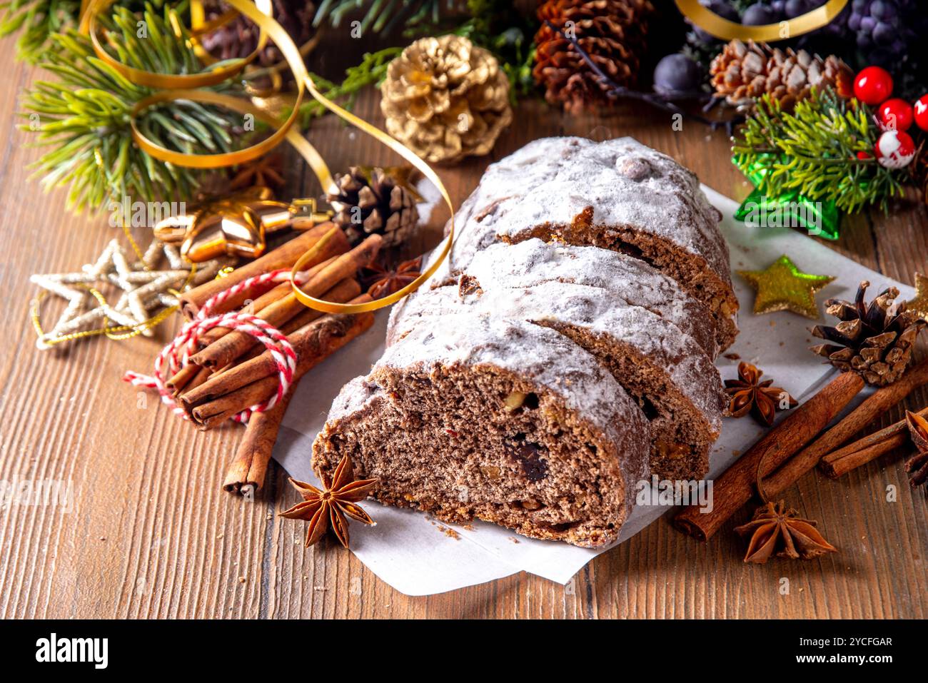 Homemade Christmas chocolate stollen. Traditional december holiday, New ...